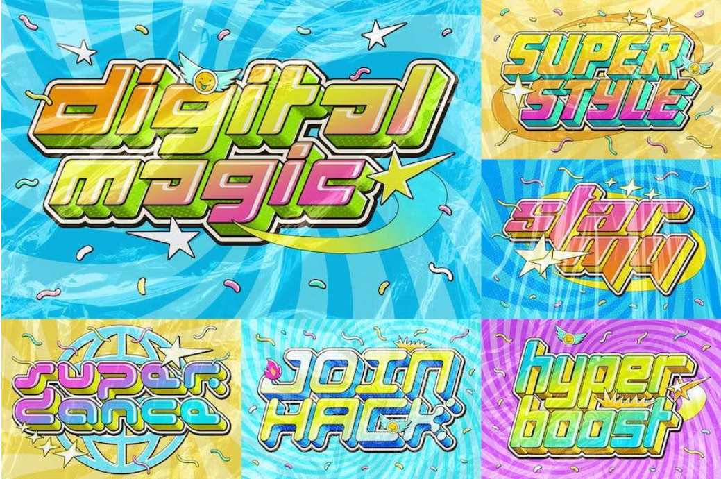 6款复古Y2K风3D立体卡通标题LOGO设计PS特效样机模板素材_个人素材库，最新海内外优质设计资源下载俱乐部~