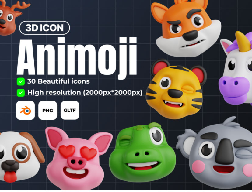 30款可爱卡通动物表情Animoji 3D立体图标Icons设计素材合集_琦美素材库，让您的设计少走弯路~