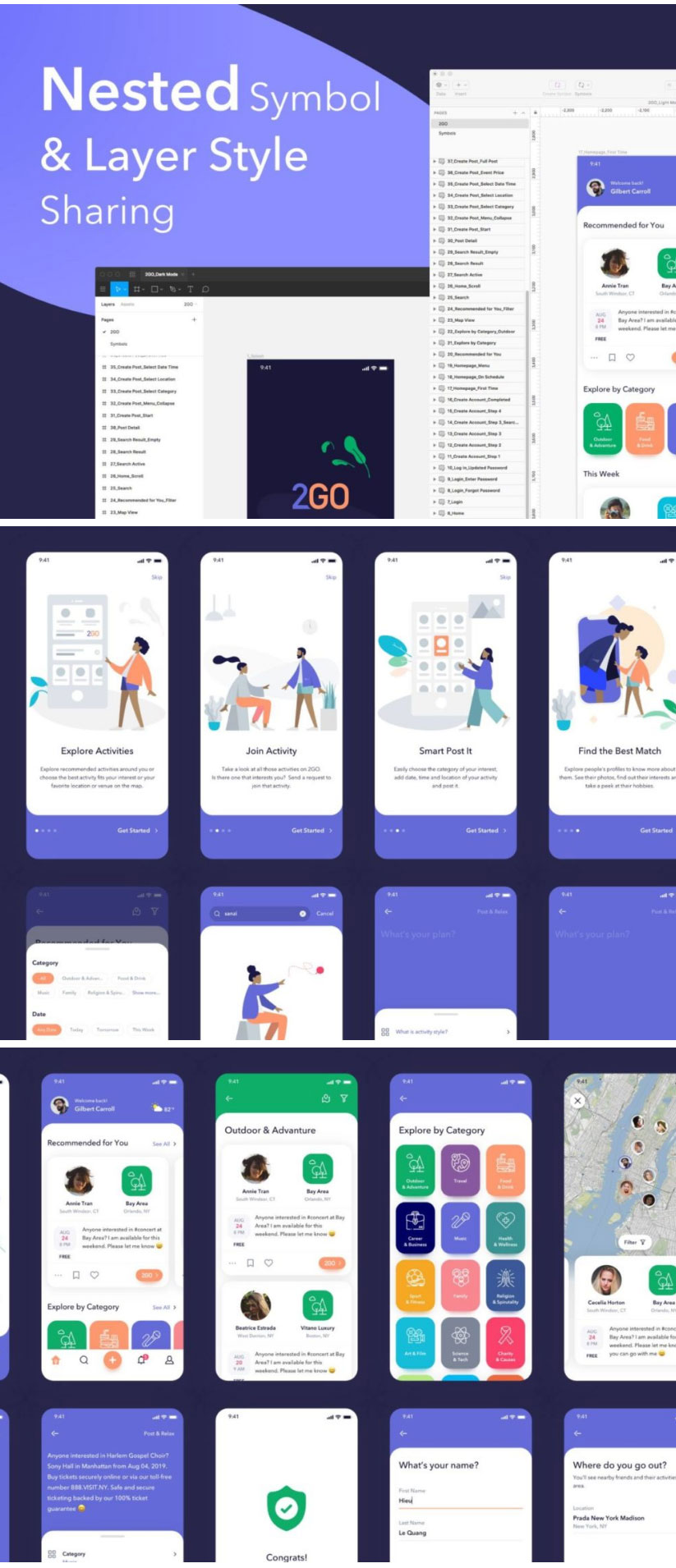 50屏双配色旅行交友社交app应用程序ui界面设计figma_sketch模板套件_琦美素材库，让您的设计少走弯路~